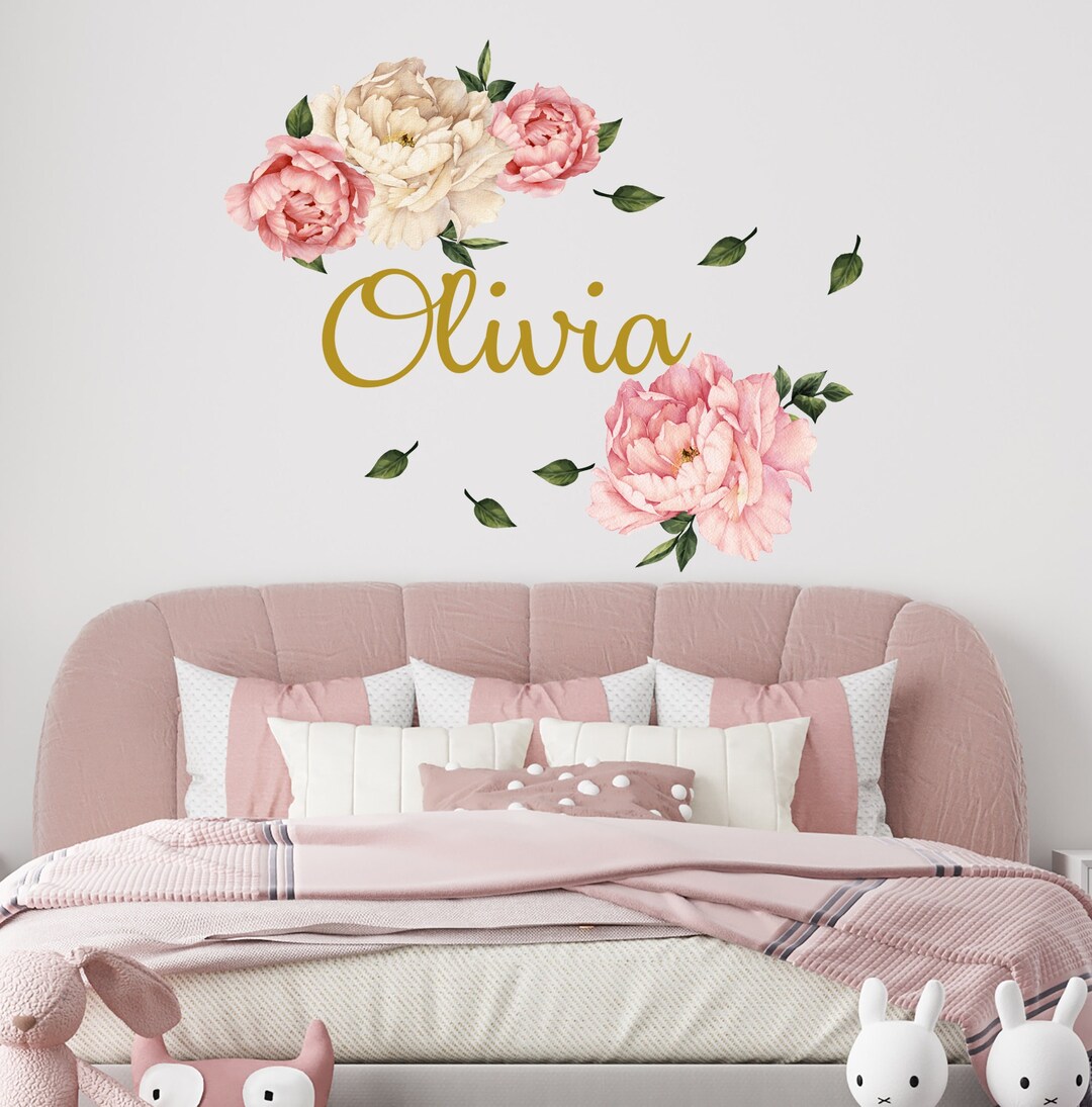 Peony Name Wall Decal Girl Nursery, Watercolor Peonies Sticker, Bush ...