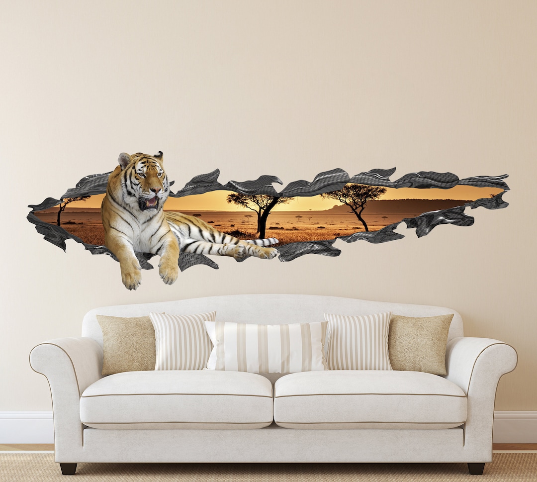 3D Effect Tiger Wall Decal, Safari Bedroom Decor, Africa Animal Wall ...