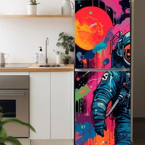 Colorful Astronaut Fridge Wrap Vinyl - Space Art Modern Refrigerator ...