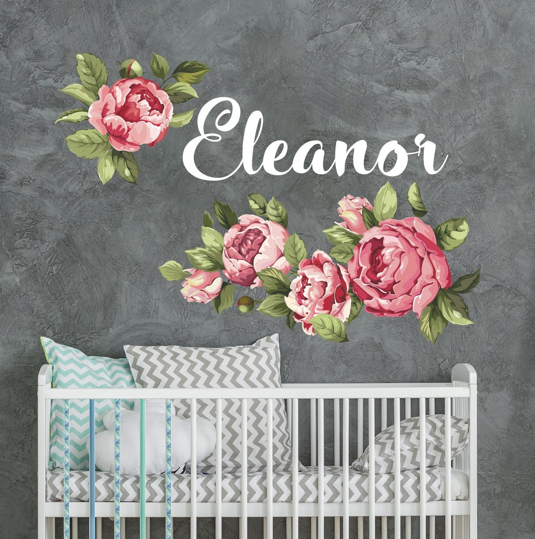 Rose Flowers Wall Decal for Baby Girl Bedroom, Personalized Name With ...