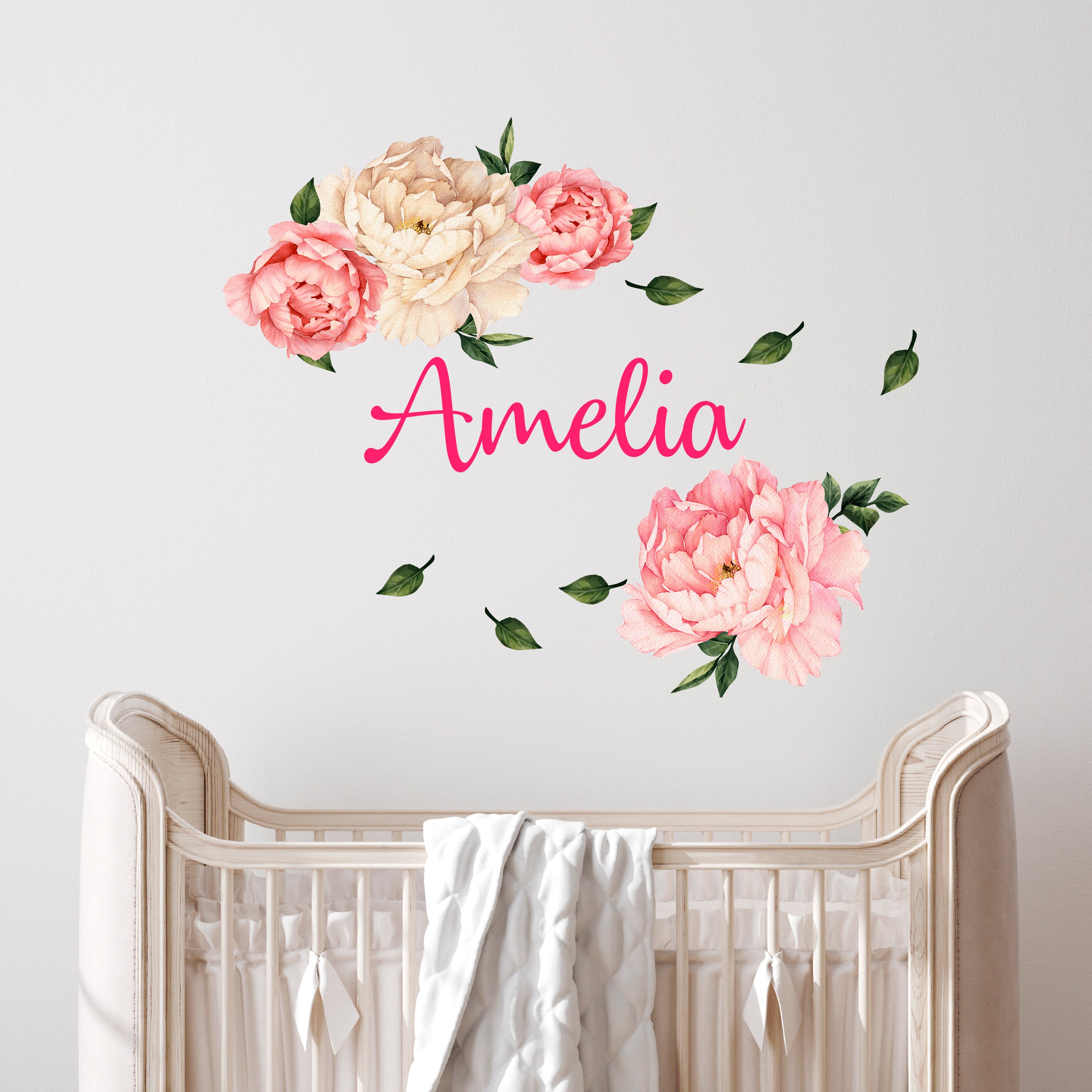 Peony Name Wall Decal Girl Nursery, Watercolor Peonies Sticker, Bush ...