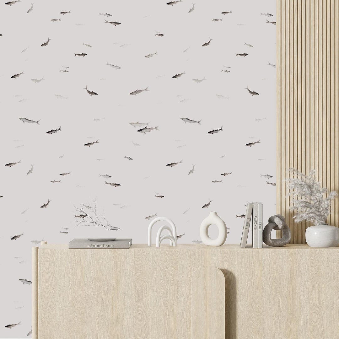 Fish Wallpaper Removable, Sea Chinoiserie Wall Mural, Grey Fish Pattern ...