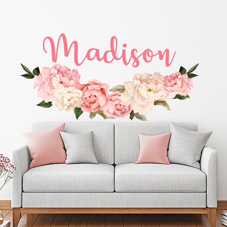 Name Wall Stickers Peony Floral Decals Peony Watercolor Art - Etsy