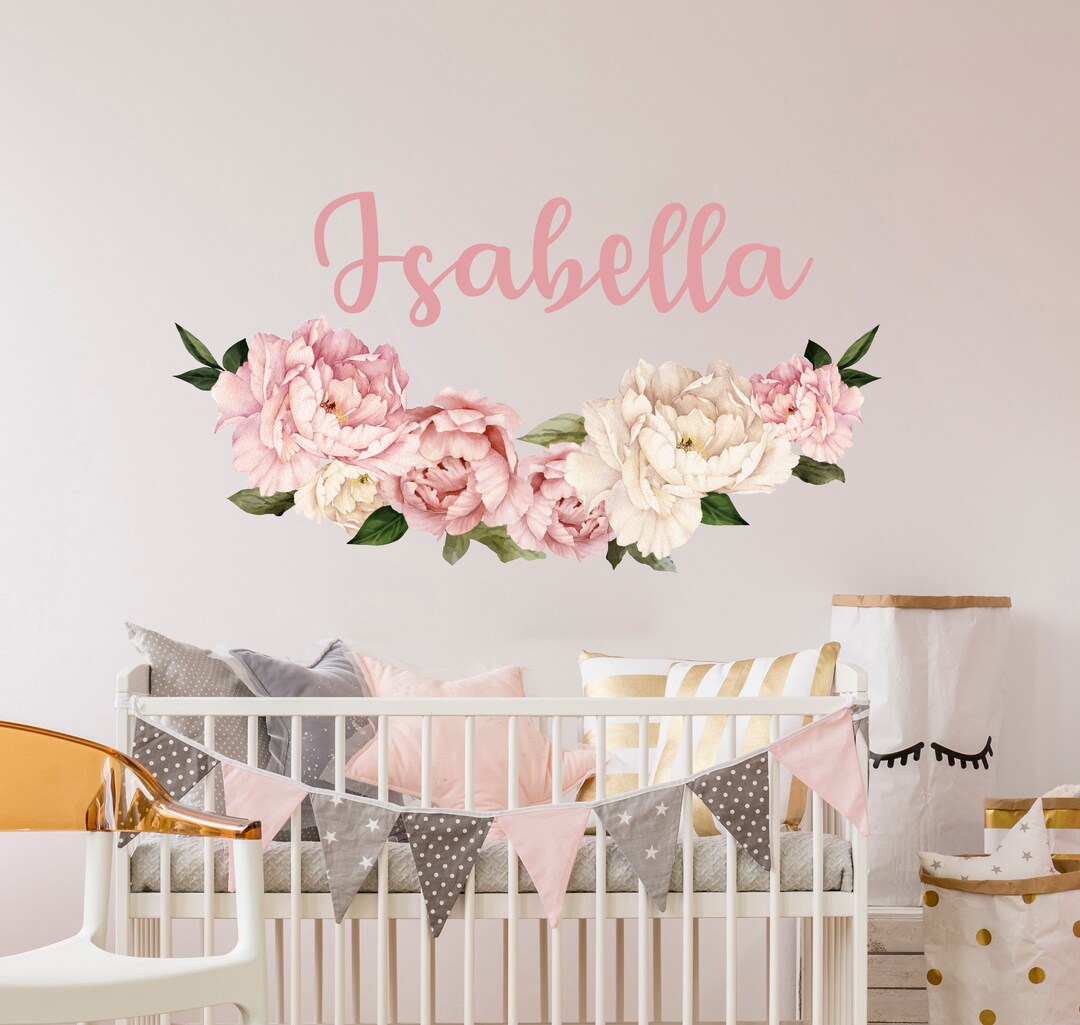 Name Wall Stickers Peony Floral Decals, Peony Watercolor Art Girl Name ...