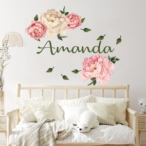 Peony Name Wall Decal Girl Nursery, Watercolor Peonies Sticker, Bush ...
