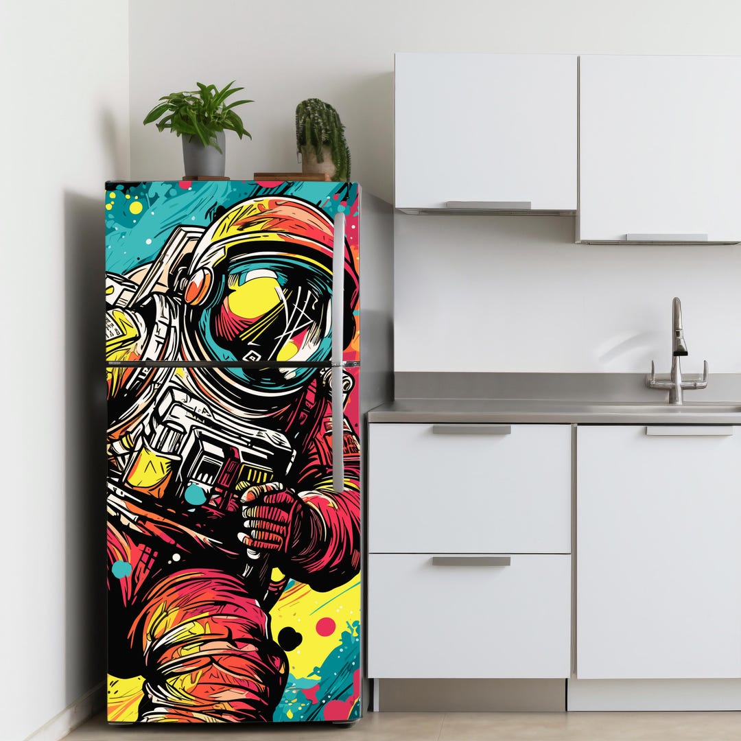 Astronaut Fridge Vinyl Wrap, Colorful Space Art Modern Refrigerator ...