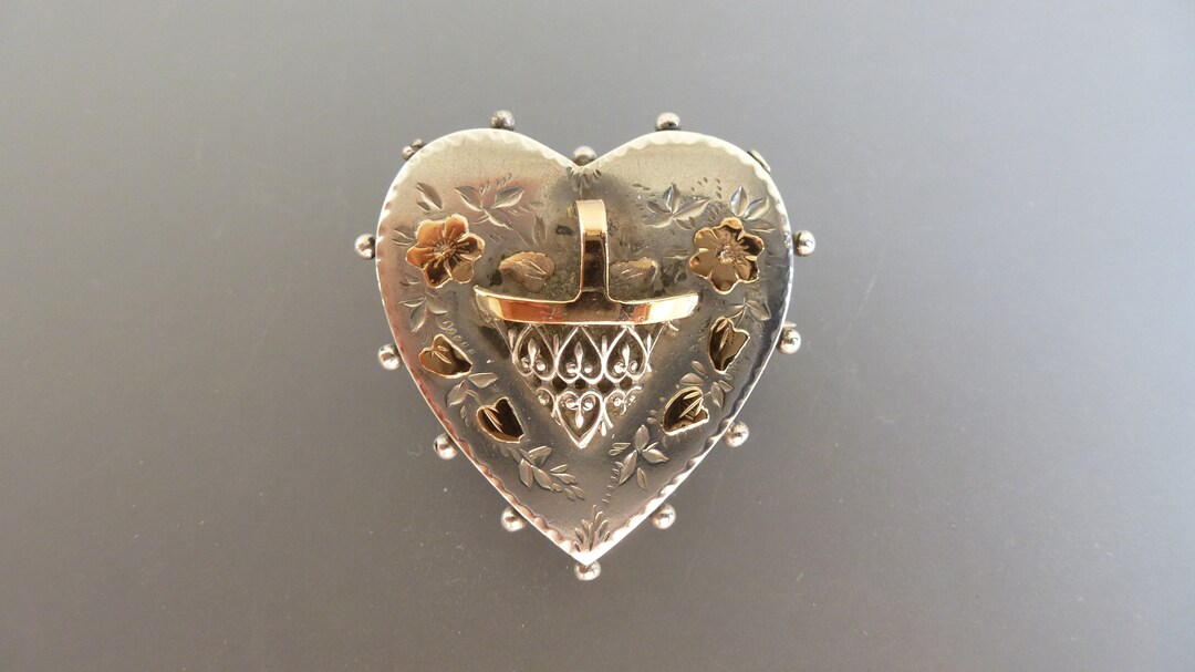 Victorian Silver Heart Flower Basket Brooch With Gold Overlay - Antique ...