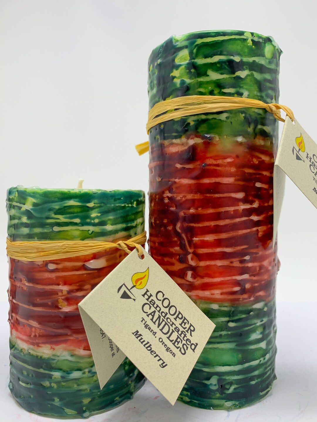 Set of 2: 4 & 7 Tall Round Mulberry Pillar Candles Drip Around Red ...