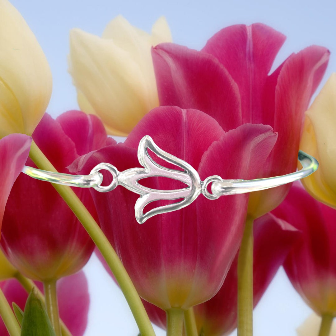 Tulip Flower Bracelet, .925 Sterling Silver, Tulip Link, Cuff Bracelet ...