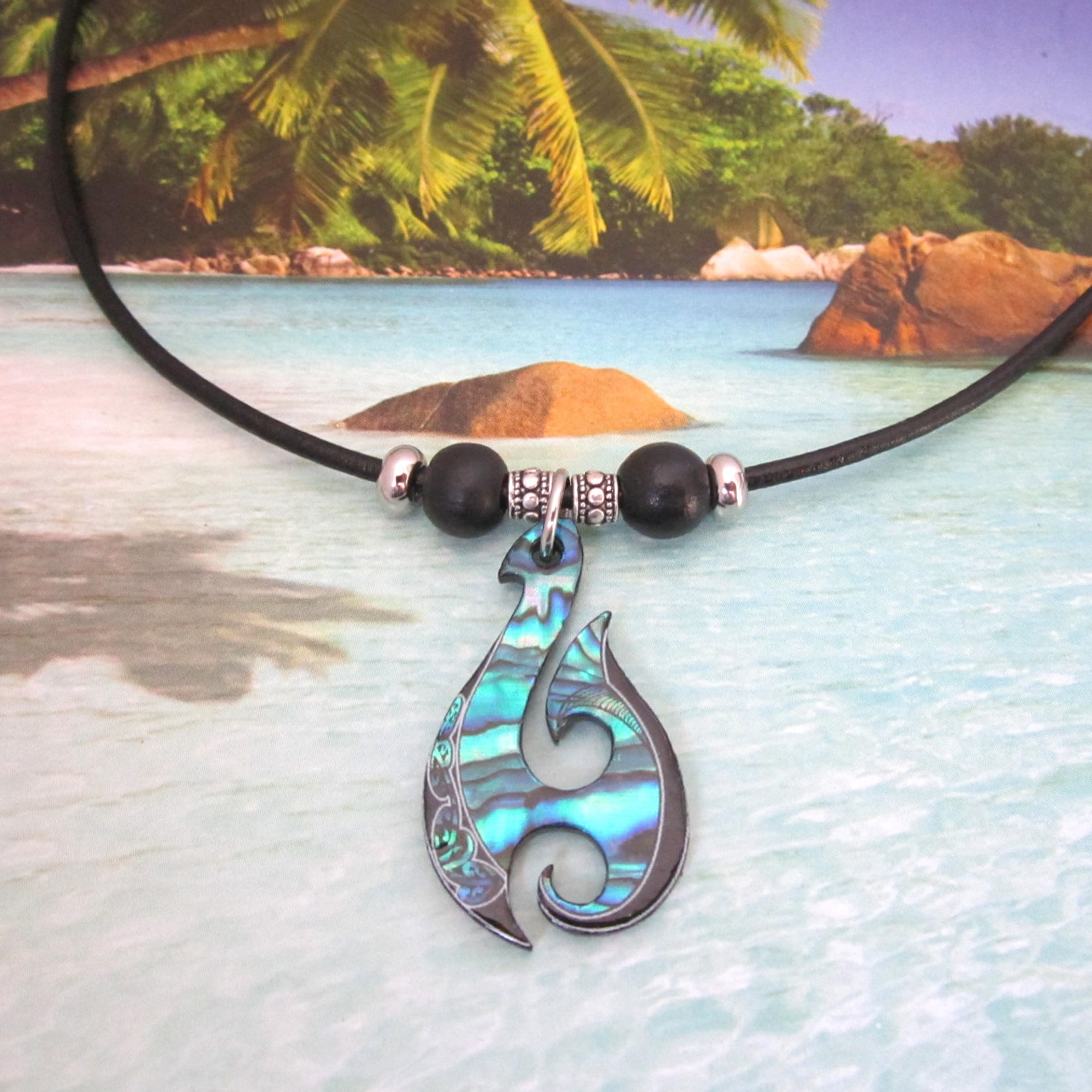 Maori Fish Hook Necklace, Paua Shell, Celtic Design on Side, Seashell ...