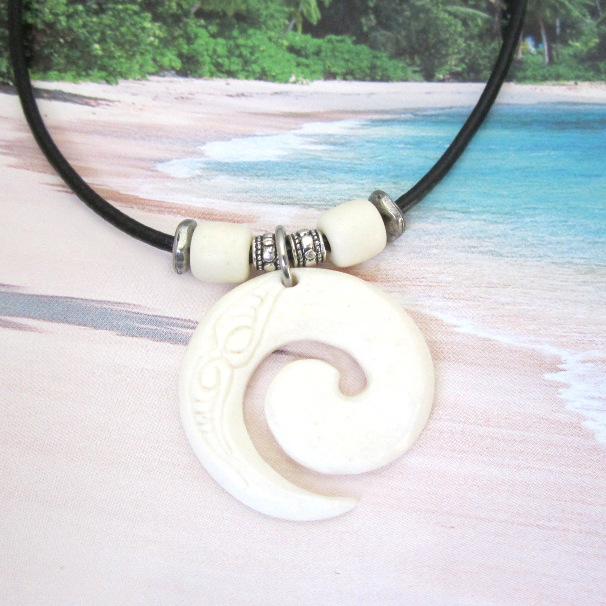 Handcarved Carved Yak Bone Pendant Leather Cord Ocean - Etsy