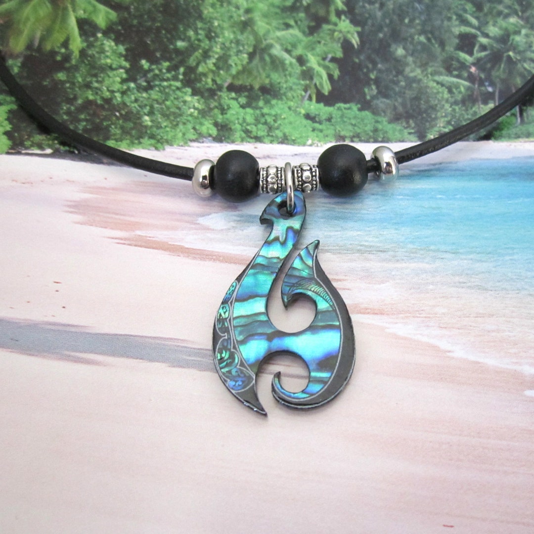 Maori Fish Hook Necklace, Paua Shell, Celtic Design on Side, Seashell ...