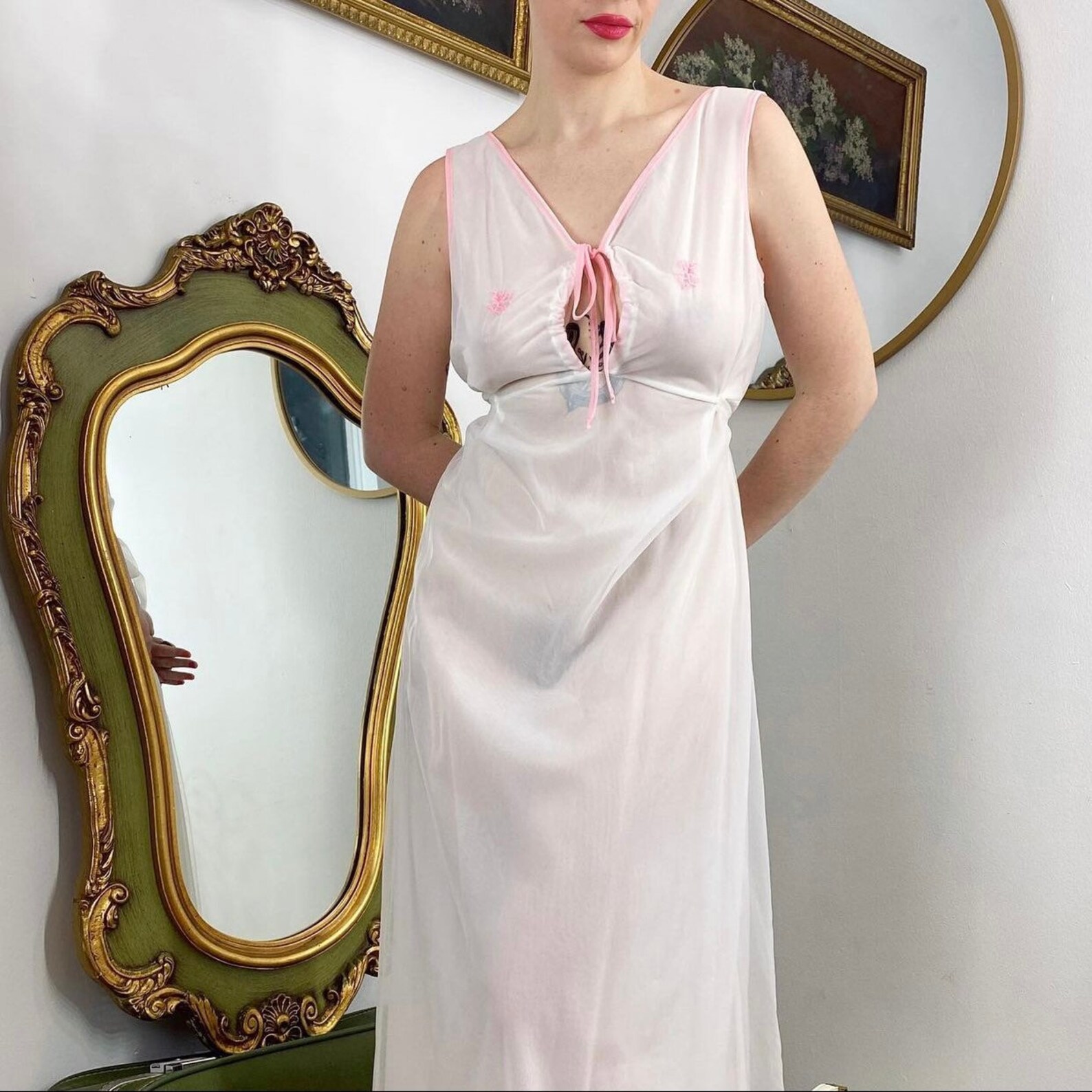 Sheer White Negligee Nighty With Pink Flower Embroidery & Trim - Etsy