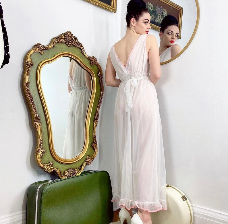 Sheer White Negligee Nighty With Pink Flower Embroidery & Trim - Etsy