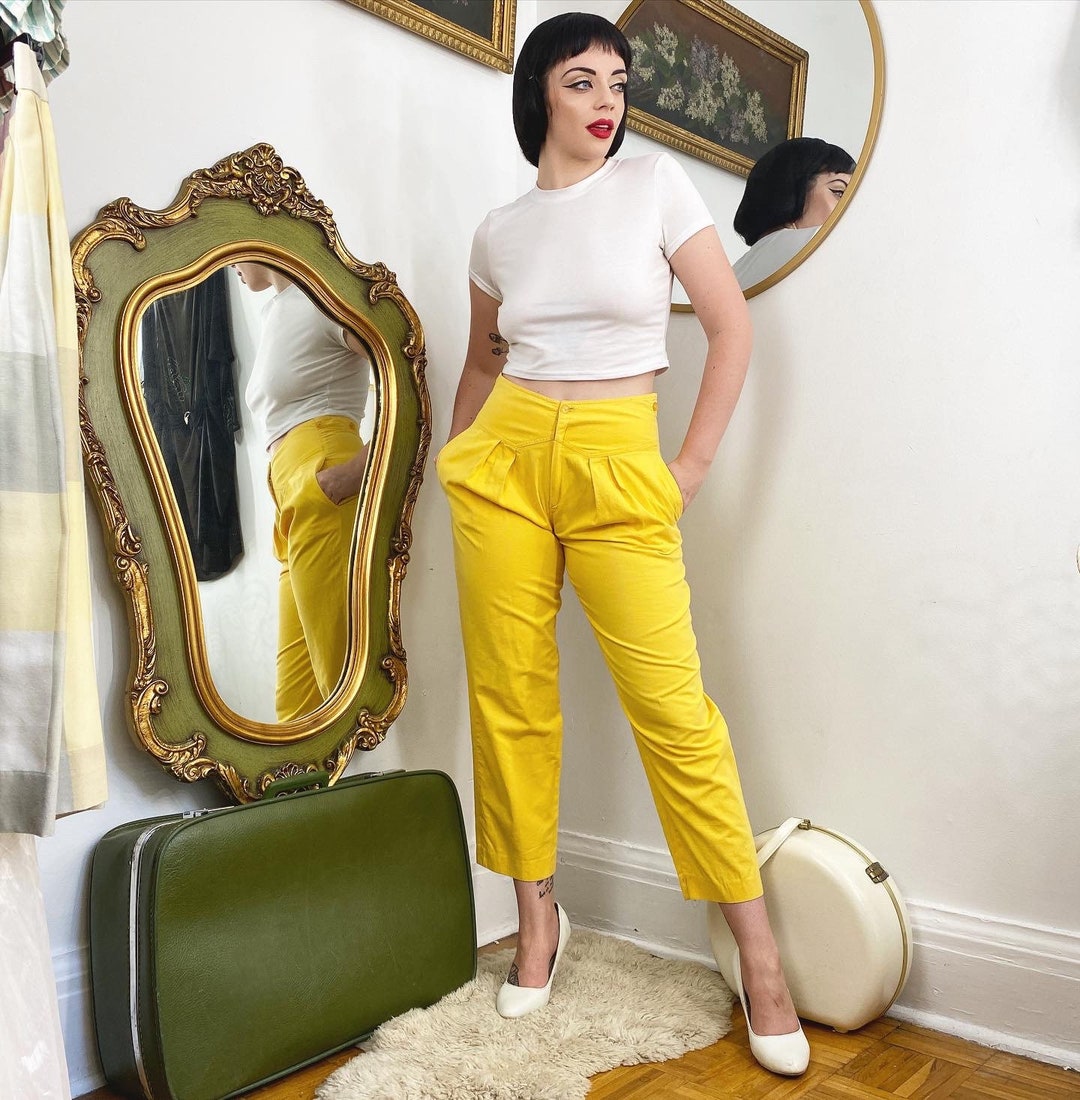 Yellow 80s V Cut Pleat Capri Pants - Etsy