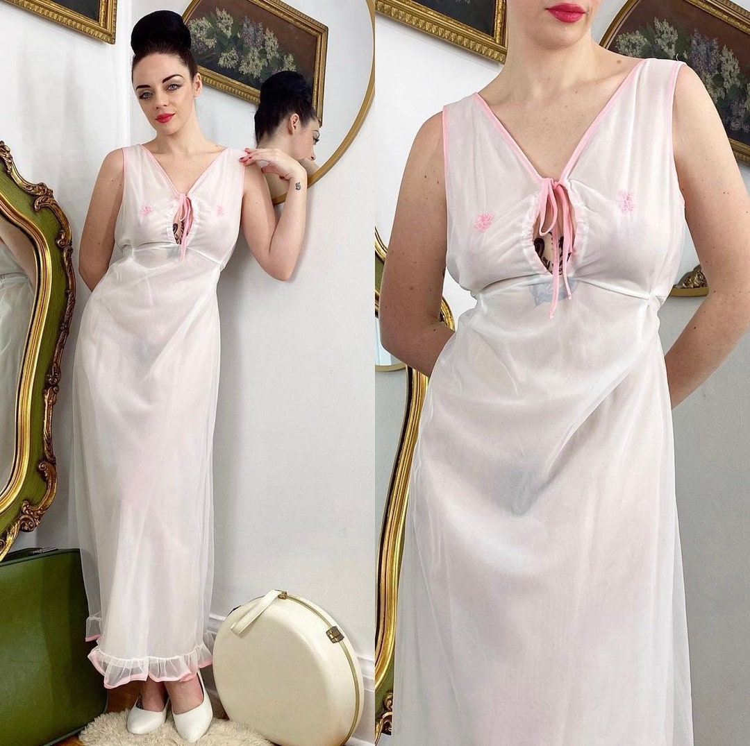 Sheer White Negligee Nighty With Pink Flower Embroidery & Trim - Etsy