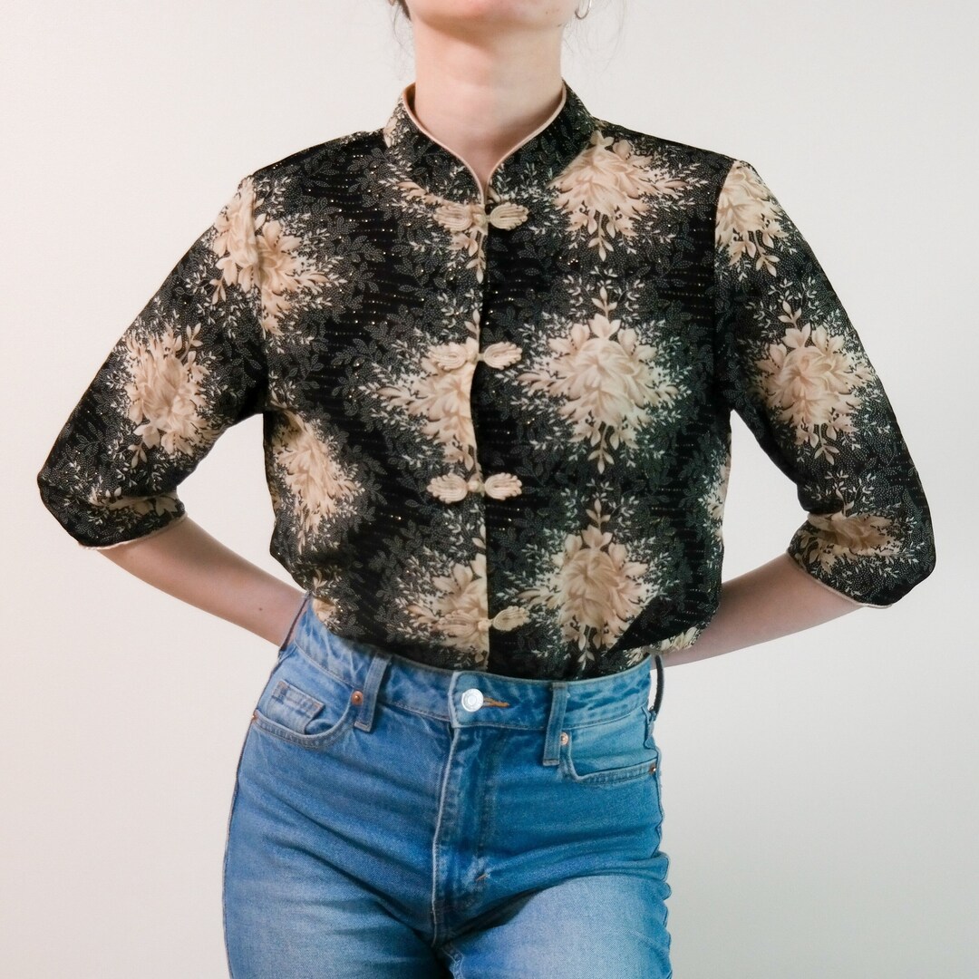 Glamorous Vintage Asian Style Top With Sparkles, Retro Floral Pattern ...