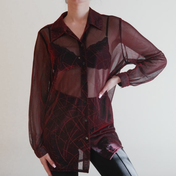 Retro transparent black and red blouse, oversize, uni… - Gem