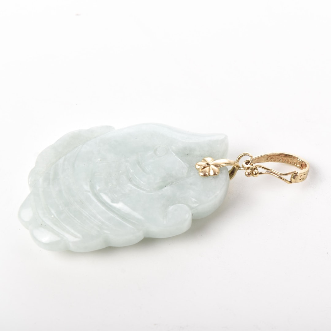 14K Gold Carved White Jade Fish Pendant, Chinese Jadeite Pendant With ...