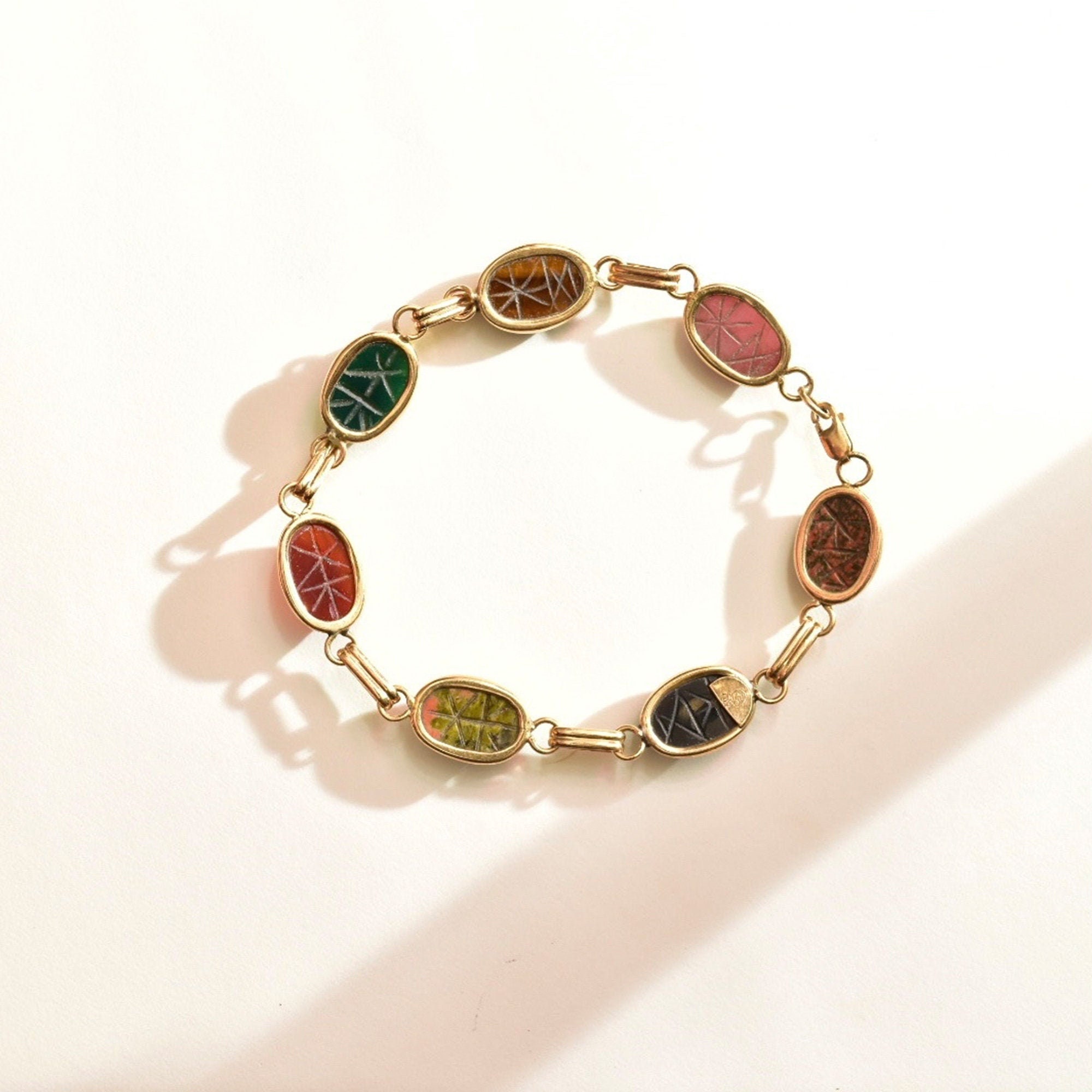 14K Scarab Bracelet, Carved Multi-stone Link Bracelet 14K Scarab Bracelet, Carved Multi-stone Link Bracelet