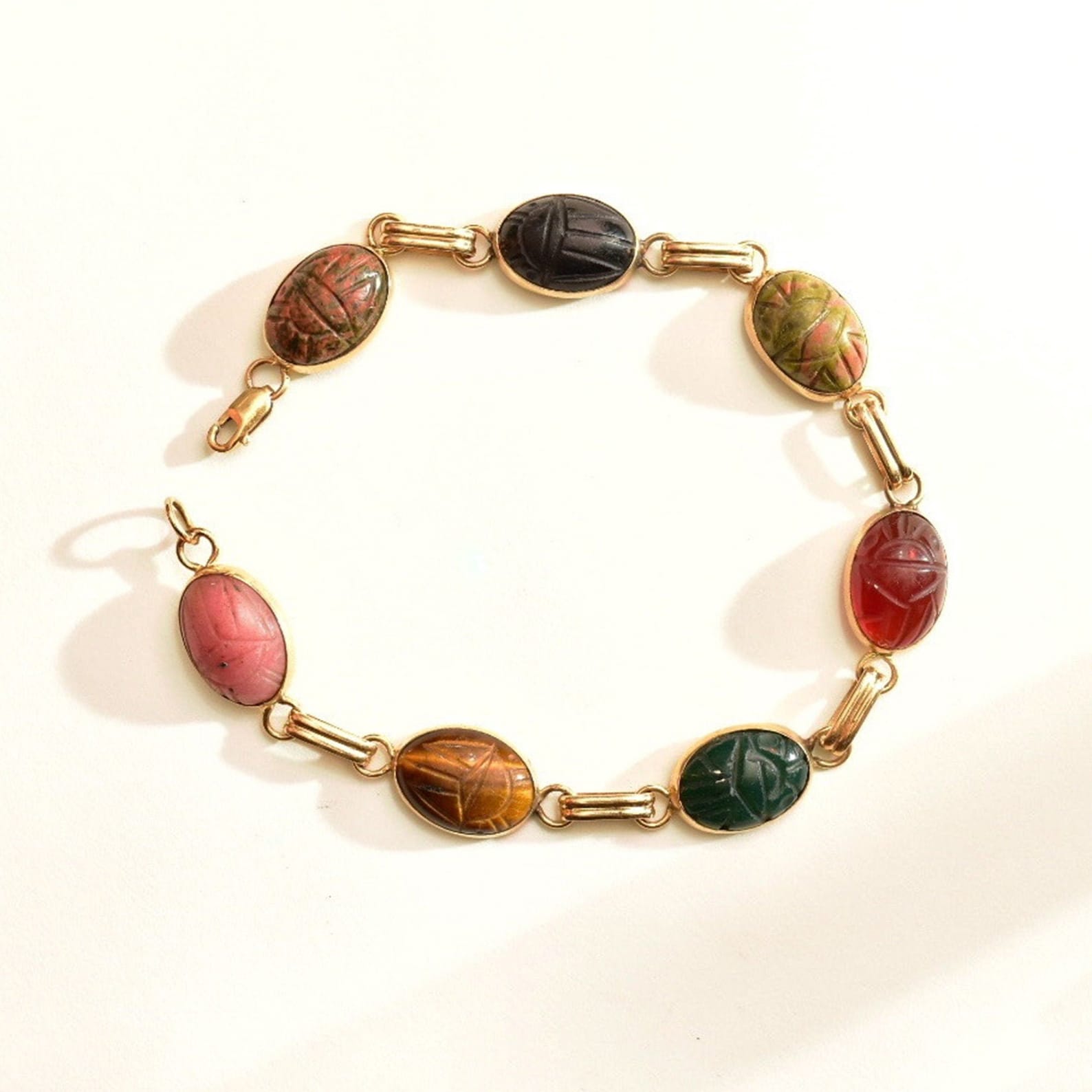 14K Yellow Gold Scarab Bracelet: Multi-stone Egyptian Revival - Etsy