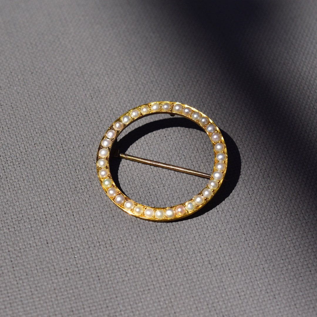 Antique 10K Seed Pearl Circle Pin, Pearl Pave Open Circle Brooch, Scarf ...