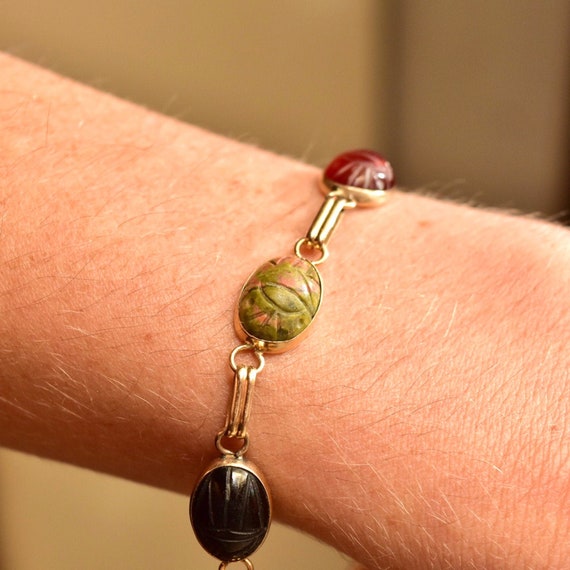 14K Scarab Bracelet, Carved Multi-stone Link Bracelet 14K Scarab Bracelet, Carved Multi-stone Link Bracelet