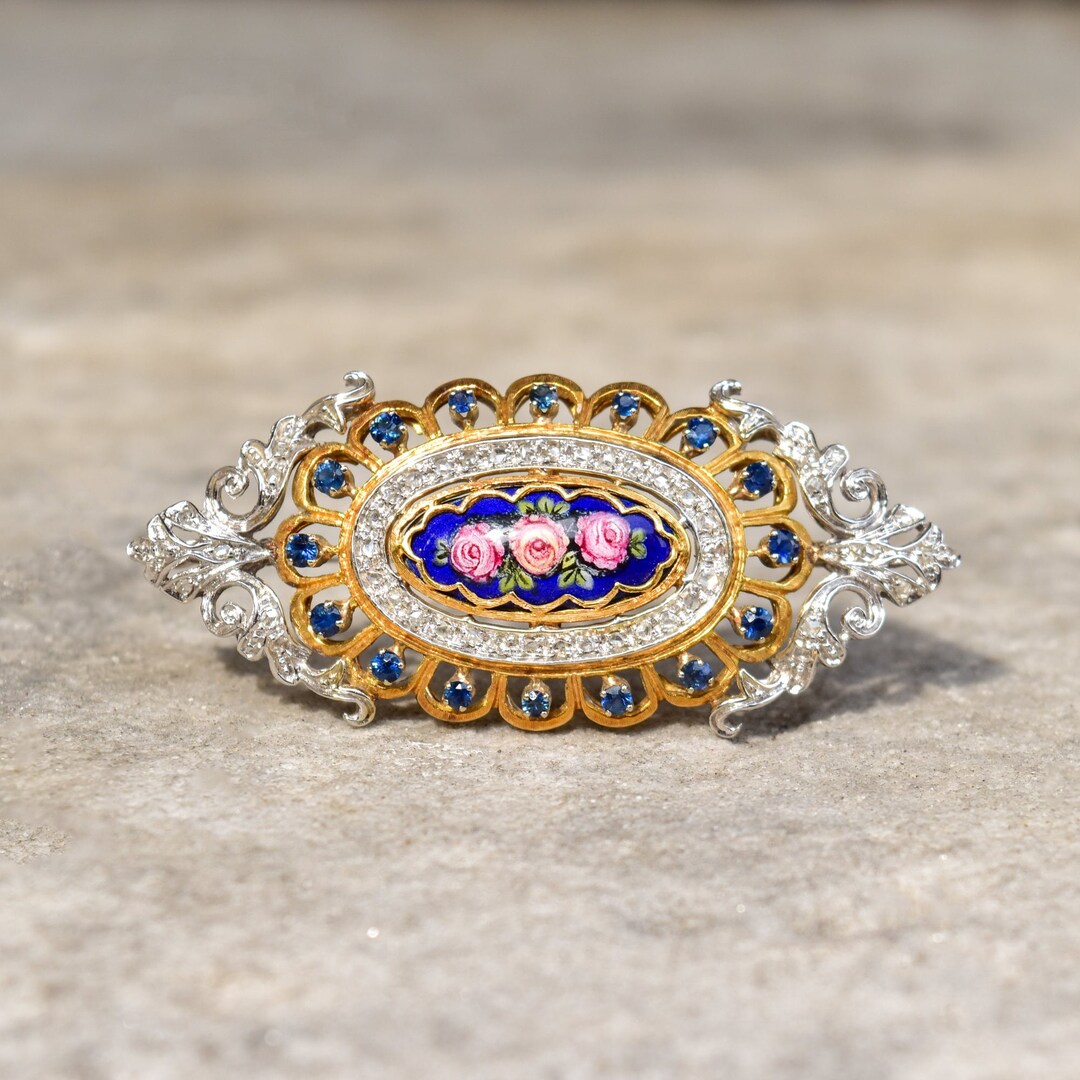 Toliro Italy 18K Diamond Encrusted Sapphire Enamel Flower Brooch ...