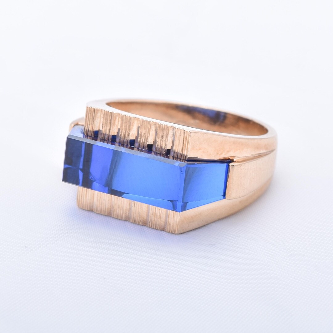 10K Mens Blue Stone Gold Ring, Vintage Rectangular Blue Glass Etched Gold Ring, Sapphire Like ...