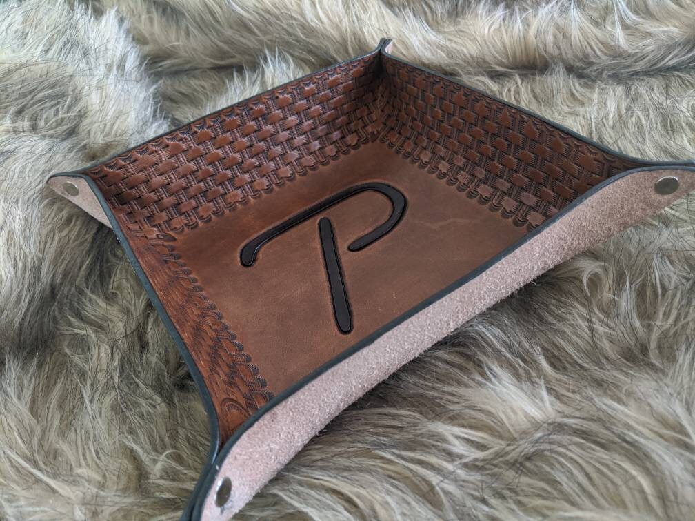 Leather Catch All Valet Tray Basket Bowl Tooled - Etsy