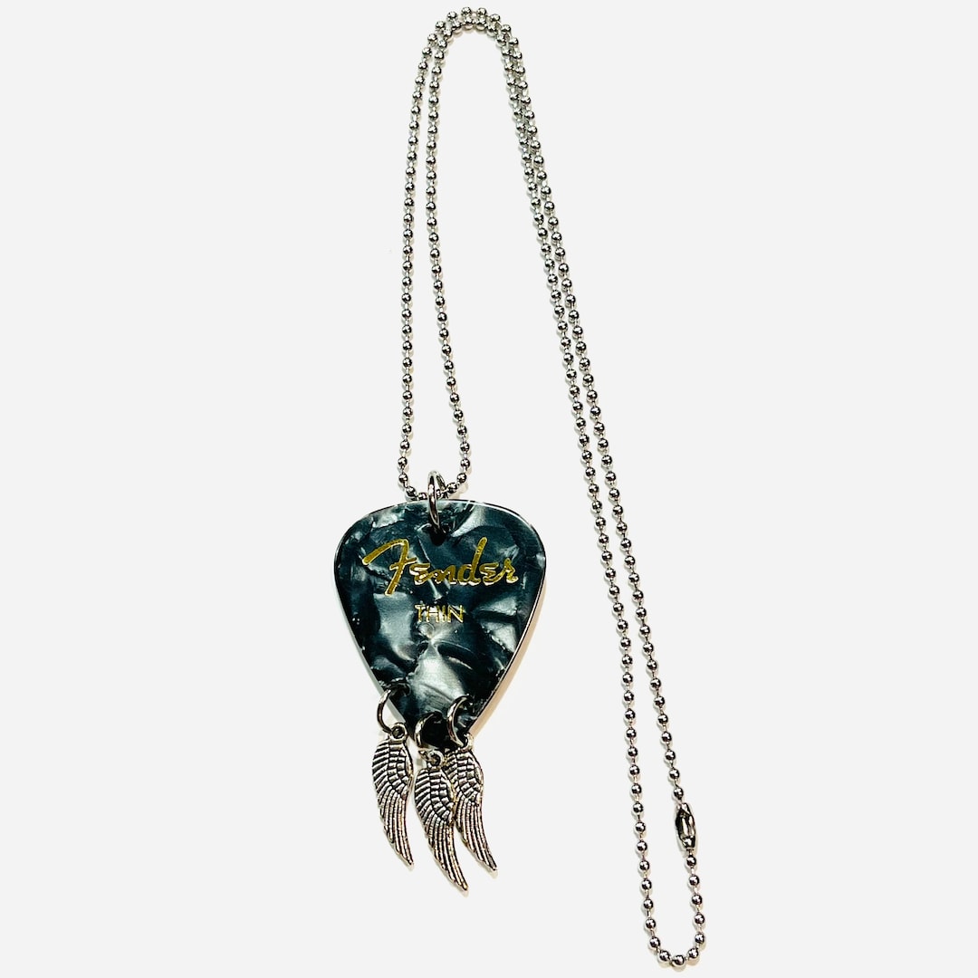 FENDER WING NECKLACE Womens 16 Inches Stainless Steel Chain Guitar Pick ...