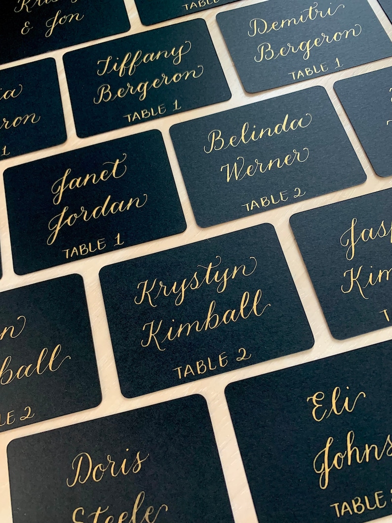 Custom Calligraphy Flat Place Card, Black and Gold - Etsy