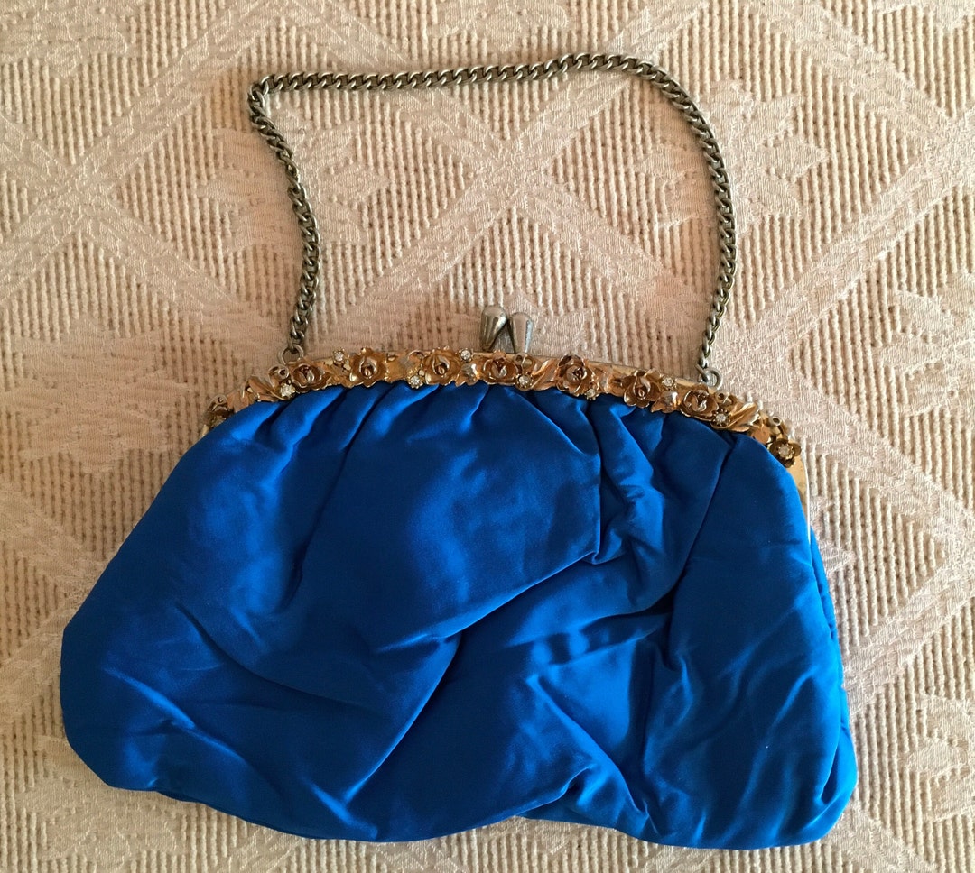 Royal Blue Satin Bag With Floral Frame - Etsy