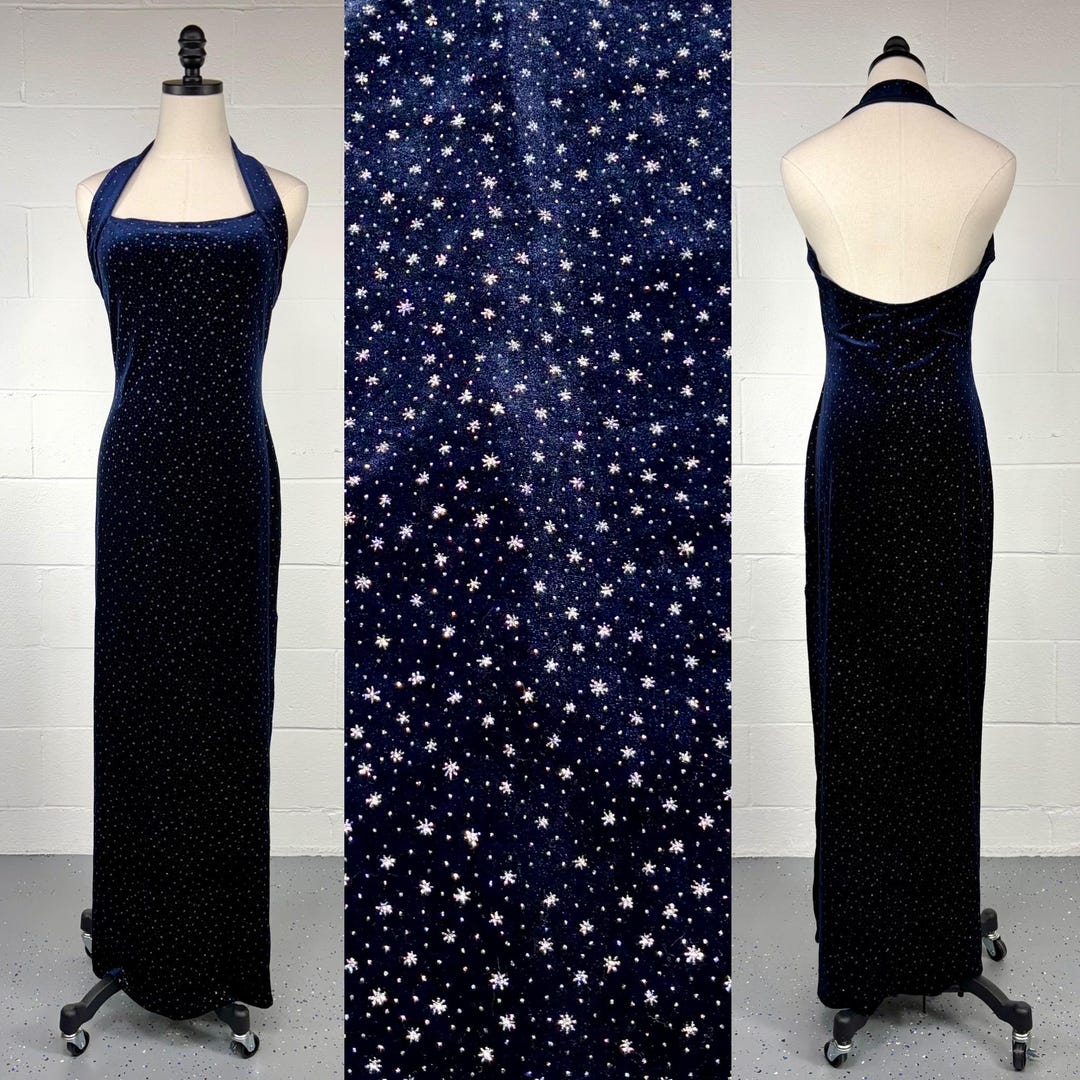 Vintage 1990's Y2K Zum Zum Blue Velvet Bodycon Maxi Slip Dress Glitter Celestial Stars Halter ...
