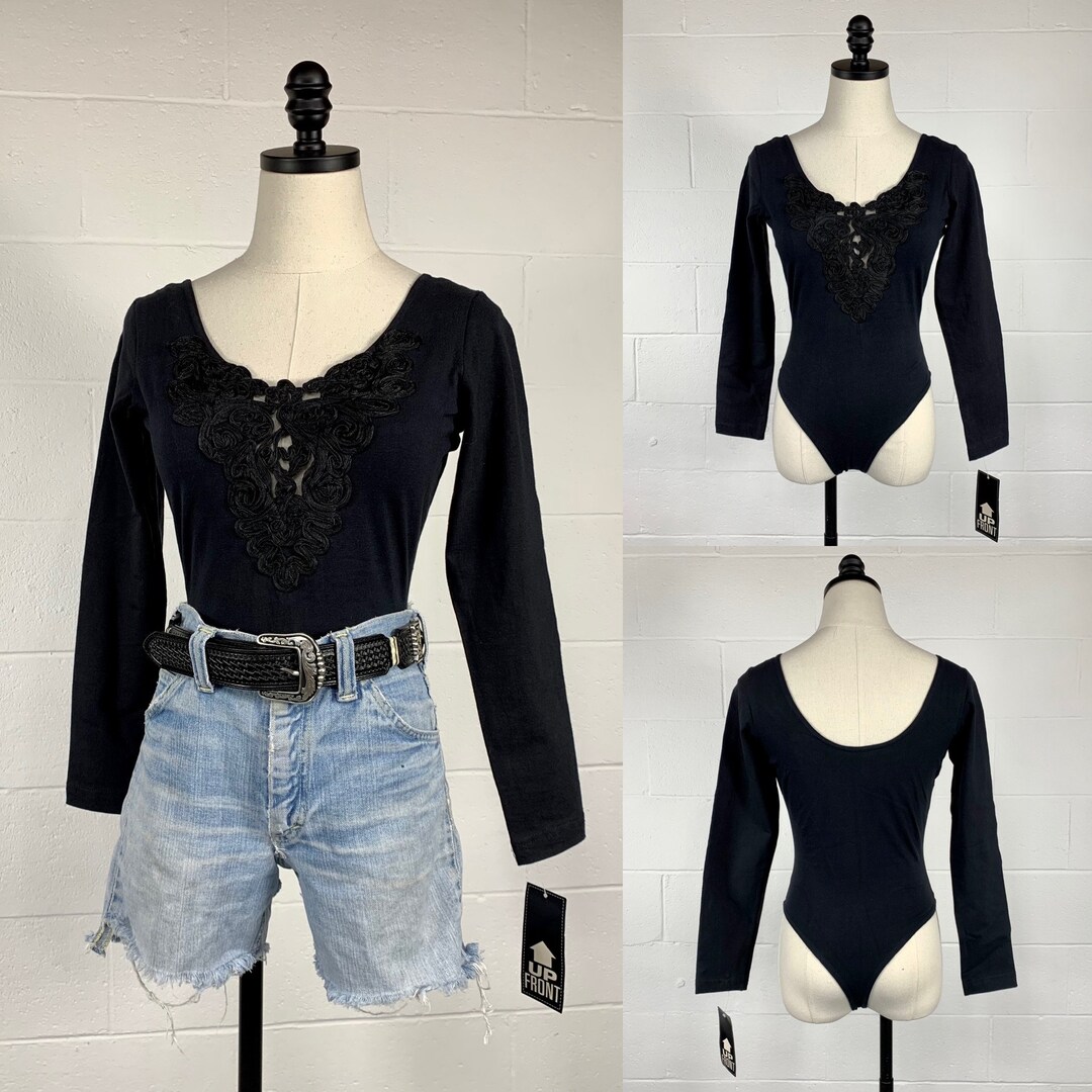 NWT Vintage 1980's Black Cheeky Thong Bodysuit Sheer Soutache Lace ...