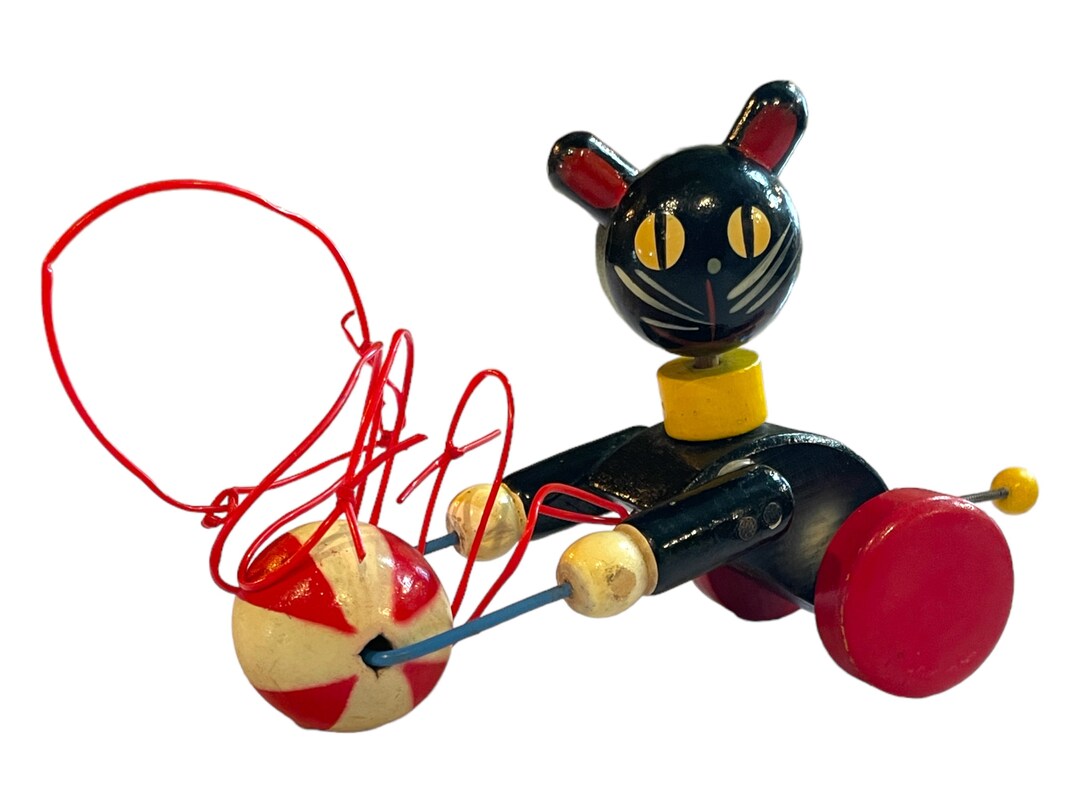 Midcentury Black Cat Pull Toy Made in Japan, Spring Tail, Ball, Tied ...