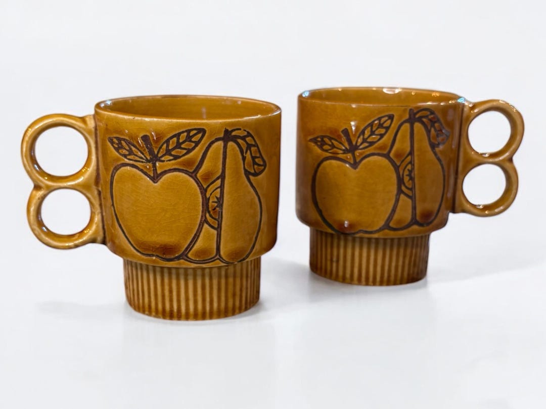 Pair Retro Fruit Midcentury Stackable Mugs Apple and Pear, Crazing ...