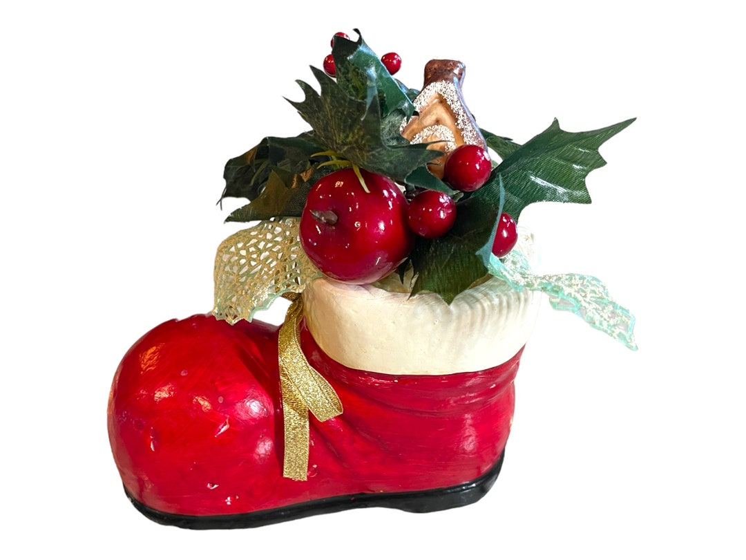 Vintage Santa Boot Christmas Arrangement - Holly, Berries, Apples ...