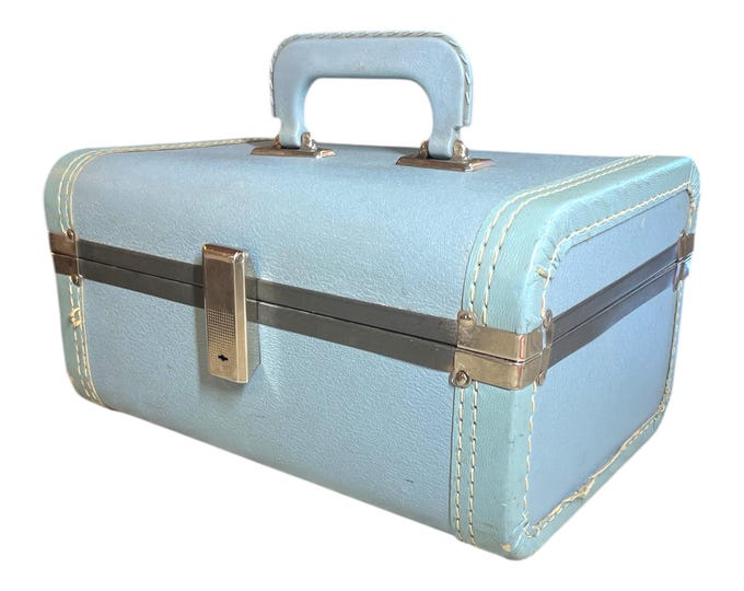 Vintage Powder Blue Train Case - Retro Suitcase, Make-up Case, Clasps ...