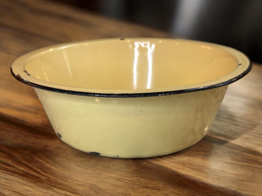 Vintage Farmhouse 10” Yellow Enamel Bowl - Chippy Patina, Black Trim ...