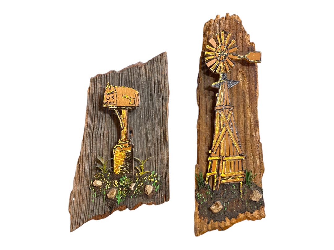 Retro Midcentury 3D Windmill & Mailbox on Wood Plank - Plants, Milk Can ...