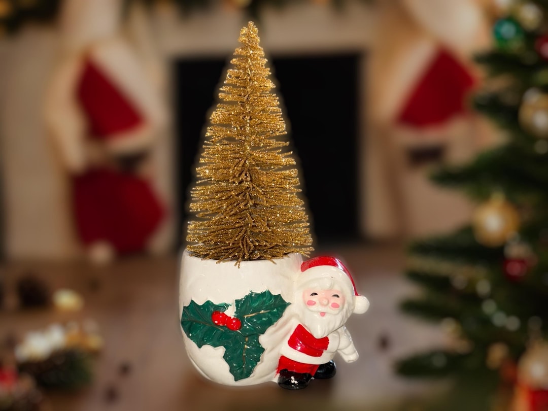 Vintage Santa With Holly Vtg Decor and Bottle Brush Tree - Made in ...