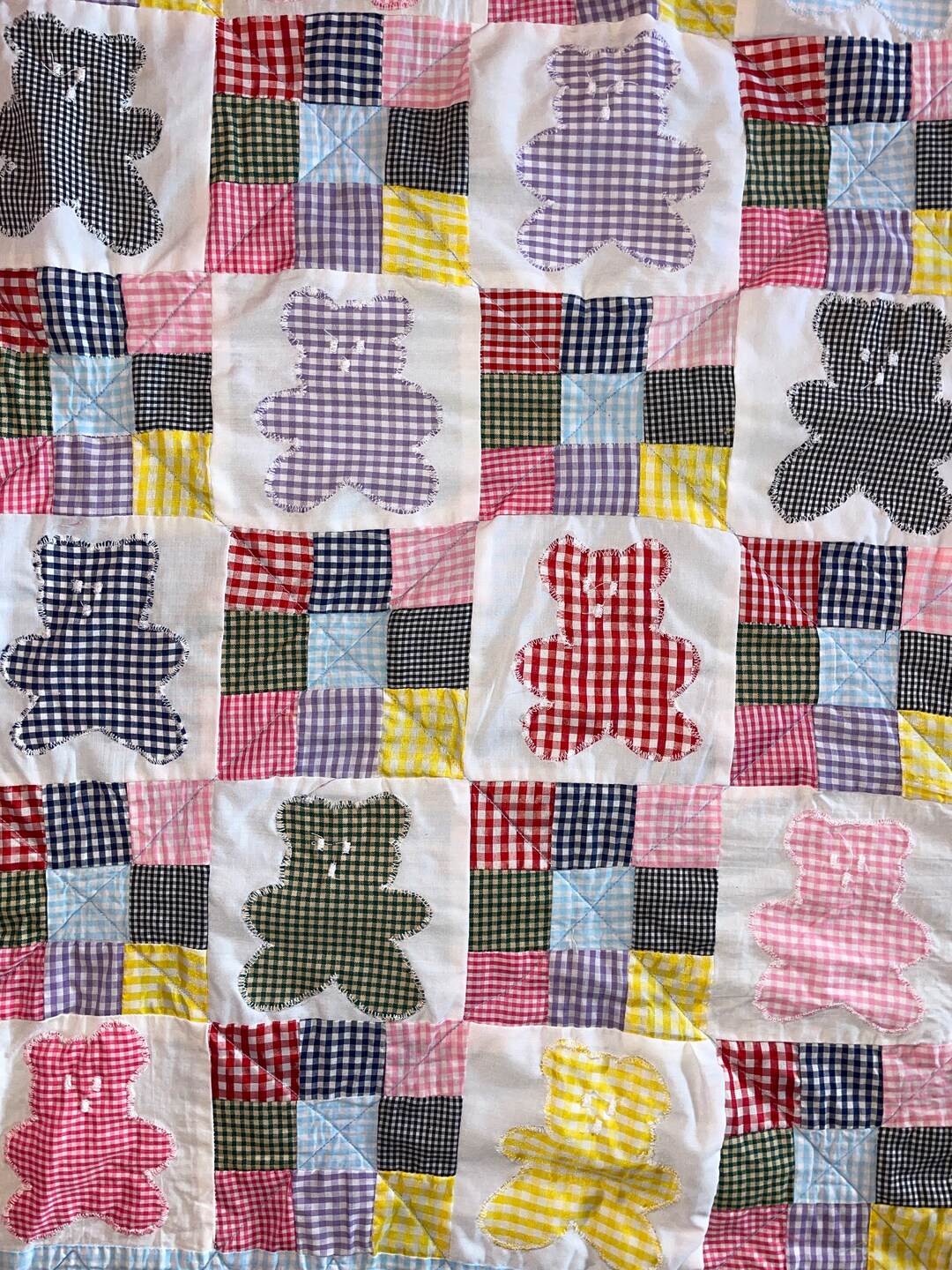 Vintage Teddy Bear Baby Child’s Lap Patchwork Quilt - Gingham, Check ...