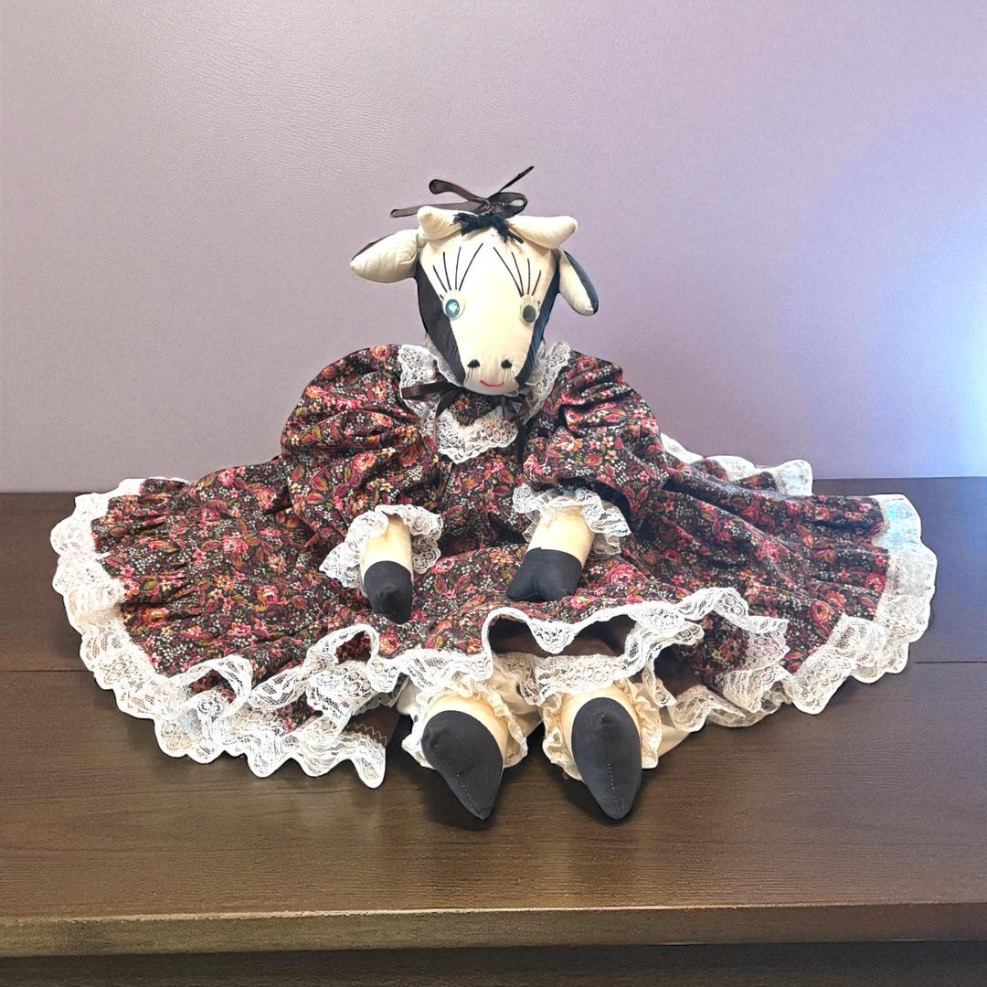 Vintage Handcrafted Cow Doll - Holstein Cow Wearing Adorable Floral and ...