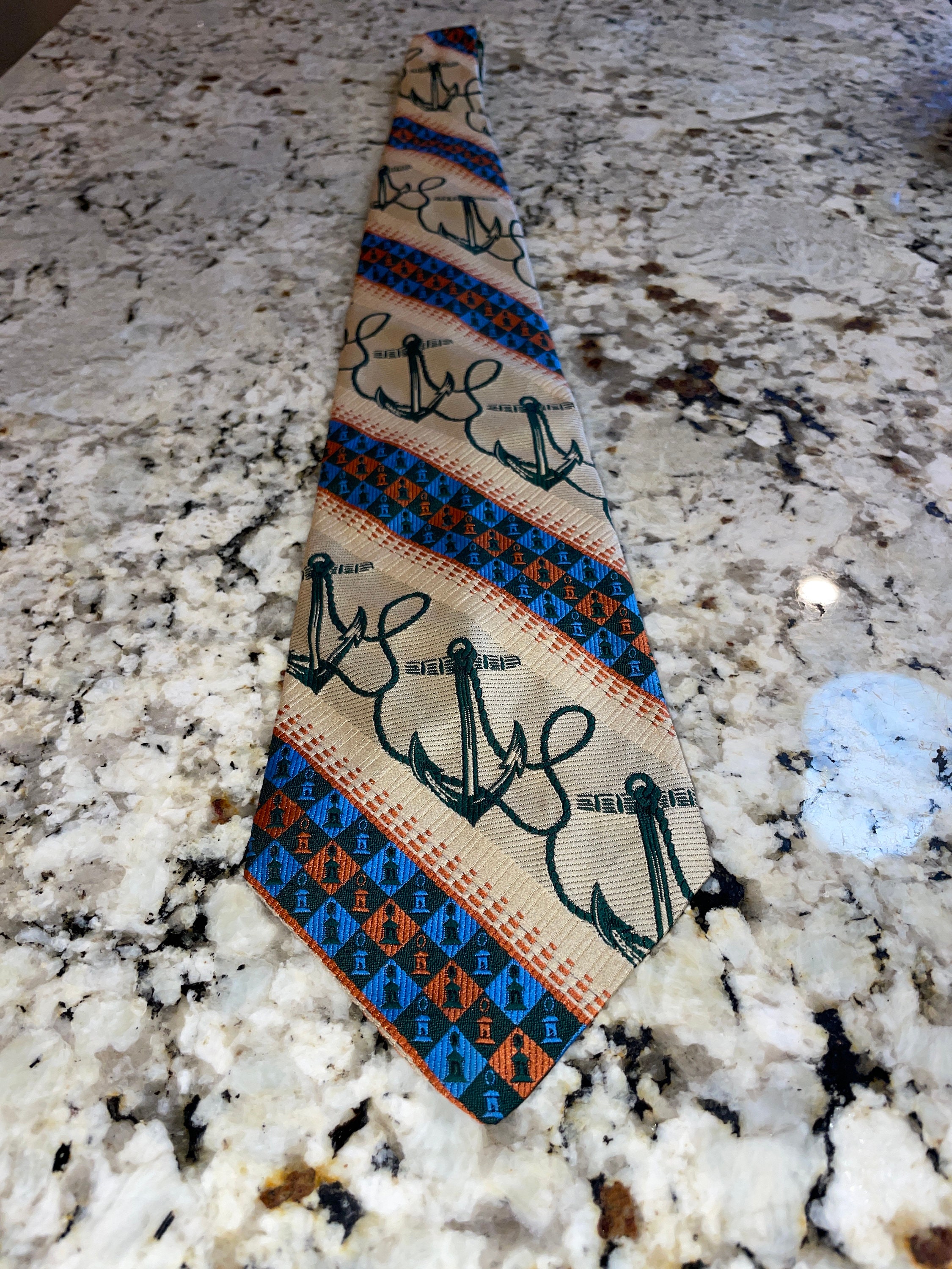 Retro Sakowitz Nautical Anchors and Chess Piece Neck Tie - Orange, Blue ...