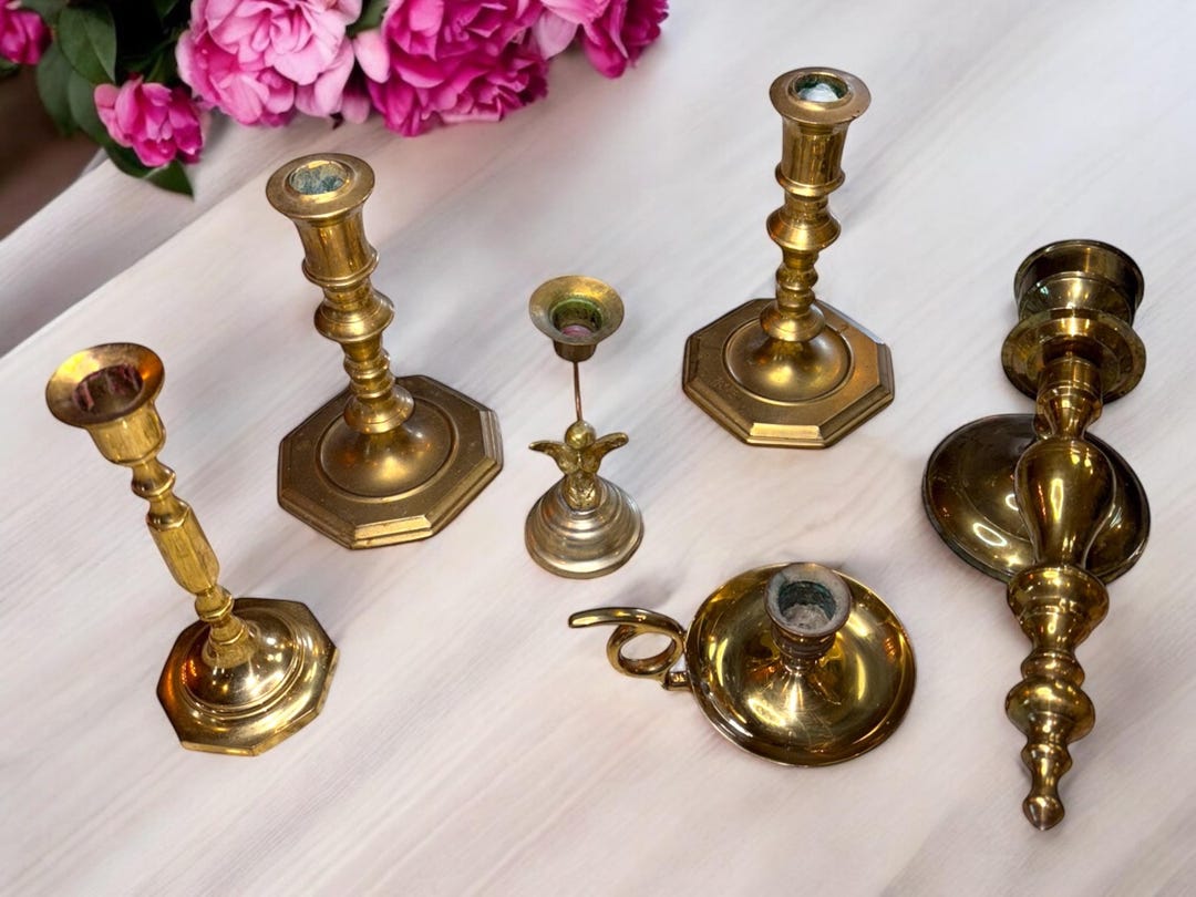 Vintage Set of 6 Mismatched Brass Candlesticks With Amazing Patina and ...