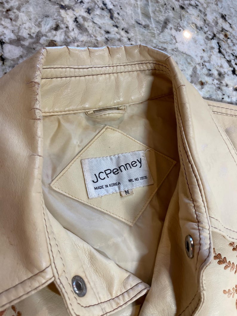 Vintage Beige Pleather Faux Leather Jacket Embroidered JC Penney Hippie ...