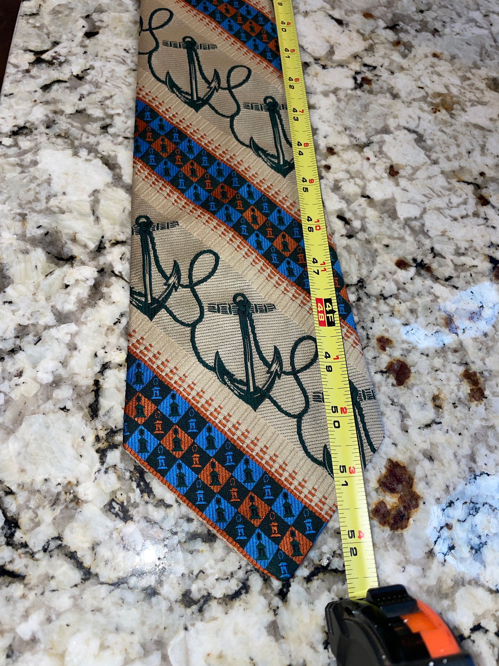 Retro Sakowitz Nautical Anchors and Chess Piece Neck Tie - Orange, Blue ...