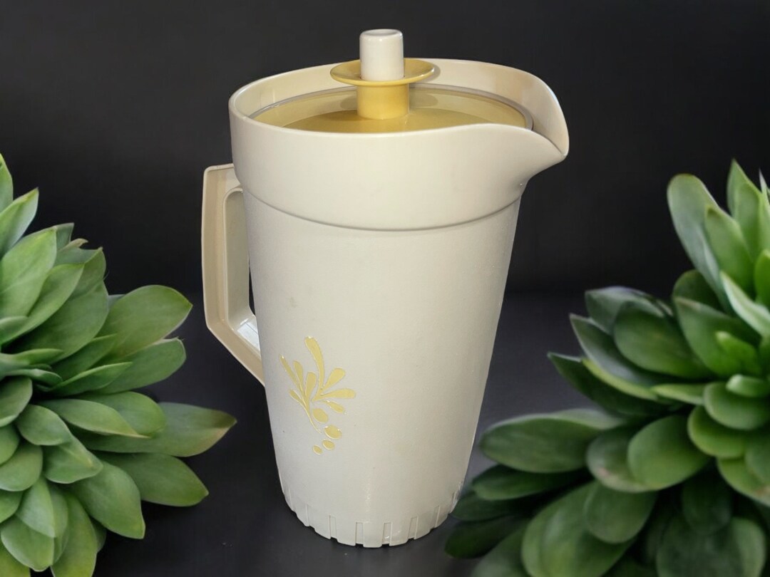 Vintage Tupperware Pitcher - Tan With Harvest Gold Design, Push Button ...