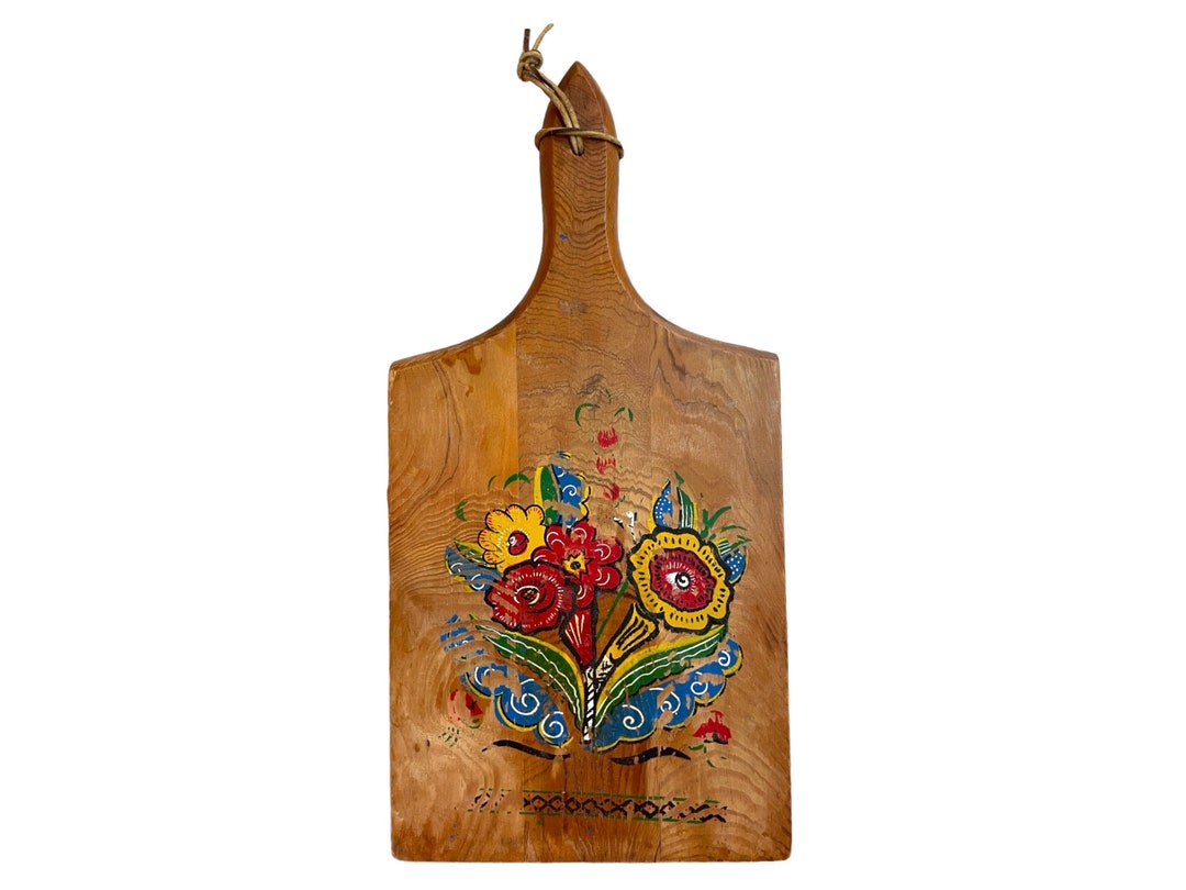 Vintage Floral Tole Painted Wood Cutting Board With Patina - Bright ...